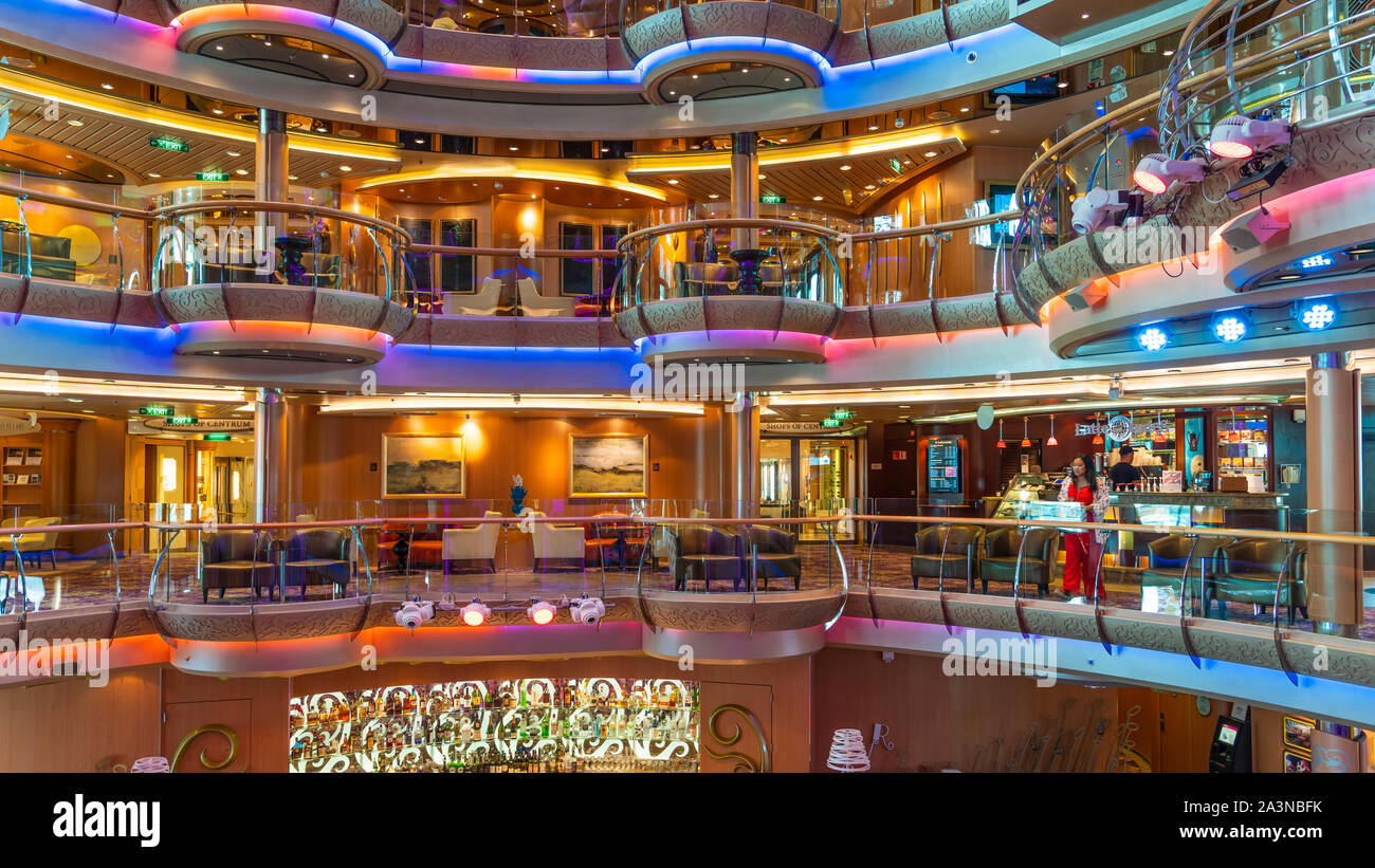 The multi floor atrium on board the Royal Caribbean cruise ship ...