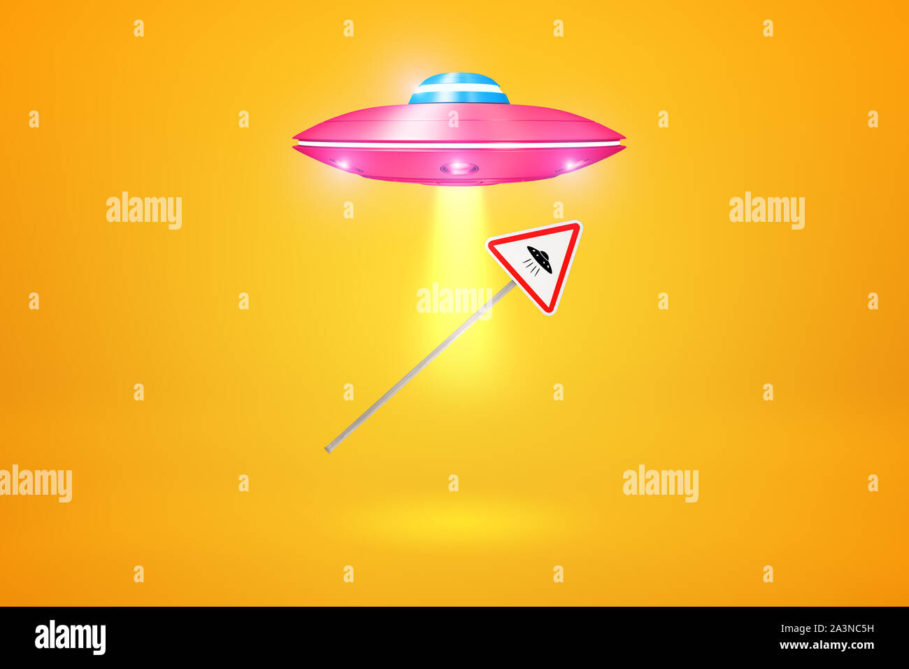 3d rendering of pink UFO flying against amber background and using ...