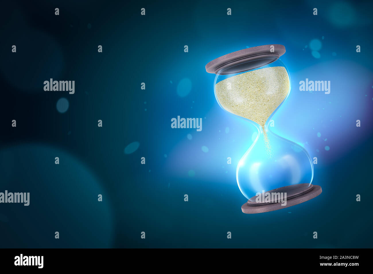 3d close-up rendering of hourglass with full upper bulb on blue ...