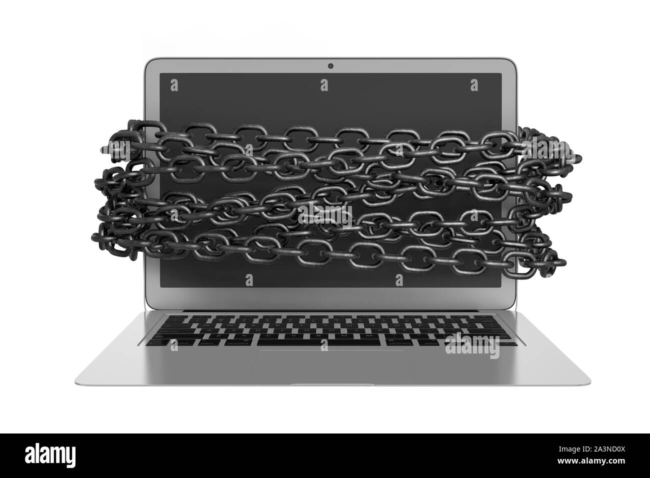 3d front rendering of open laptop with chains bound around its black ...