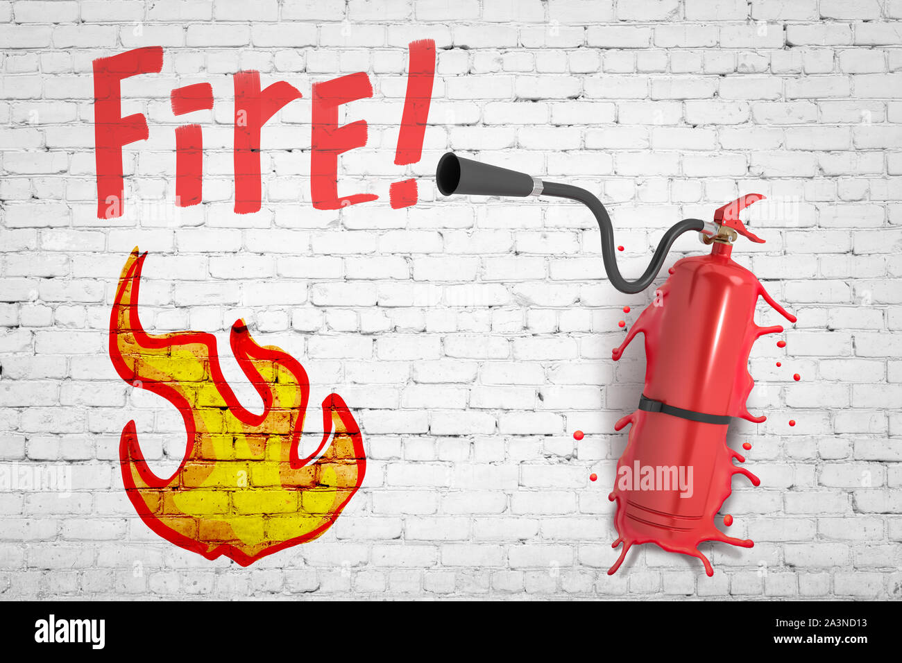 3d rendering of white brick wall with title 'Fire' and drawing of small ...