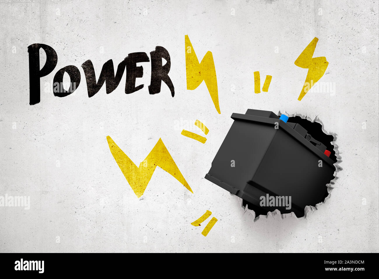 3d rendering of concrete wall with title 'Power' and black car battery ...
