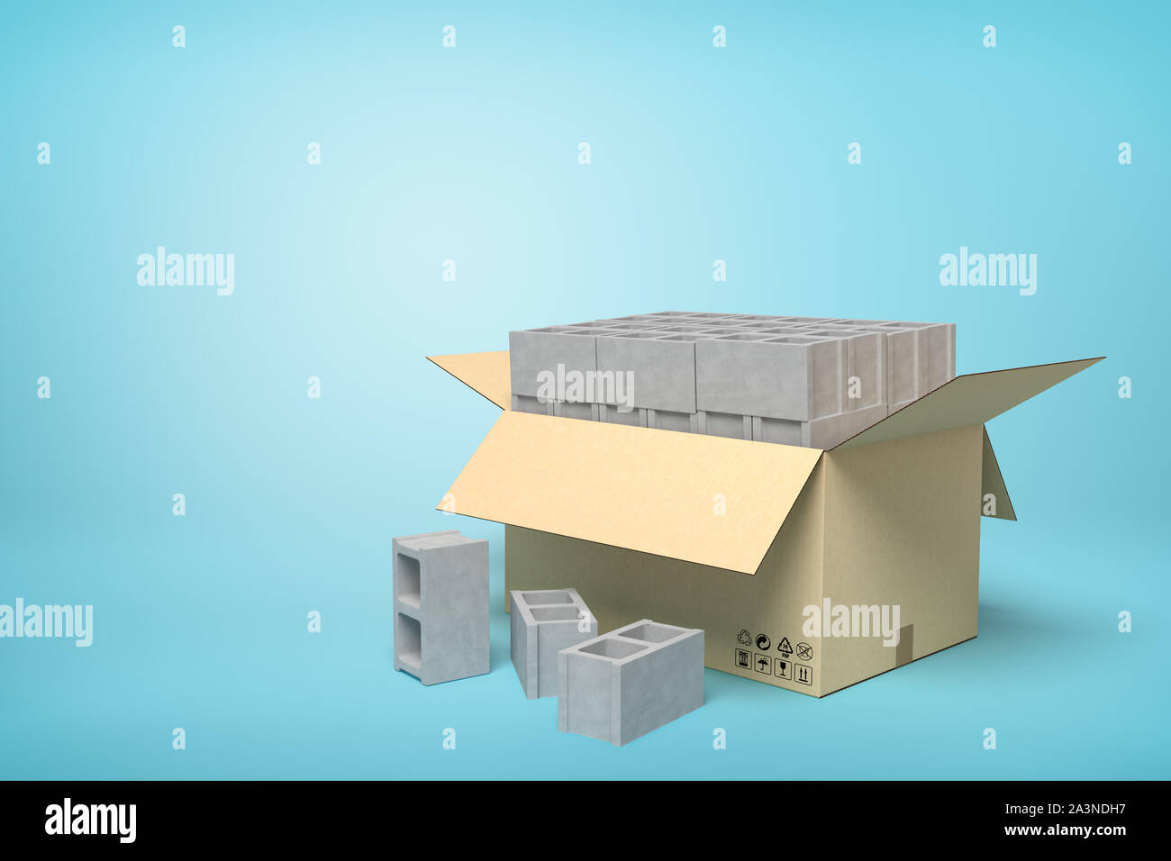3d rendering of cardboard box full of gray hollow bricks on blue ...