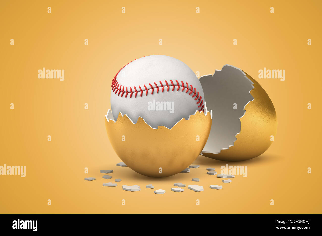 3d rendering of white baseball ball hatching out of golden egg on ...