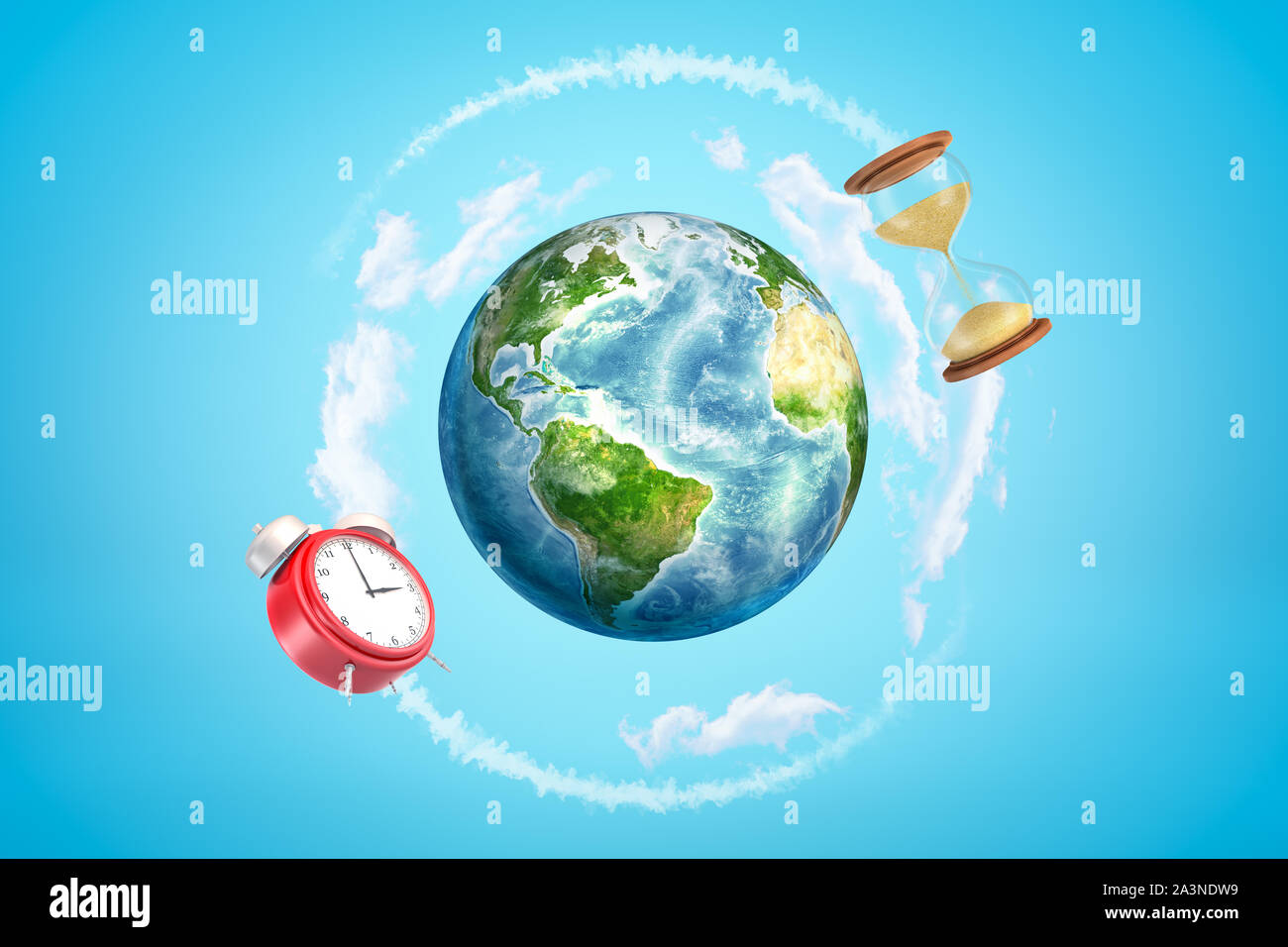 3d rendering of colored earth globe with red alarm clock and sand glass ...