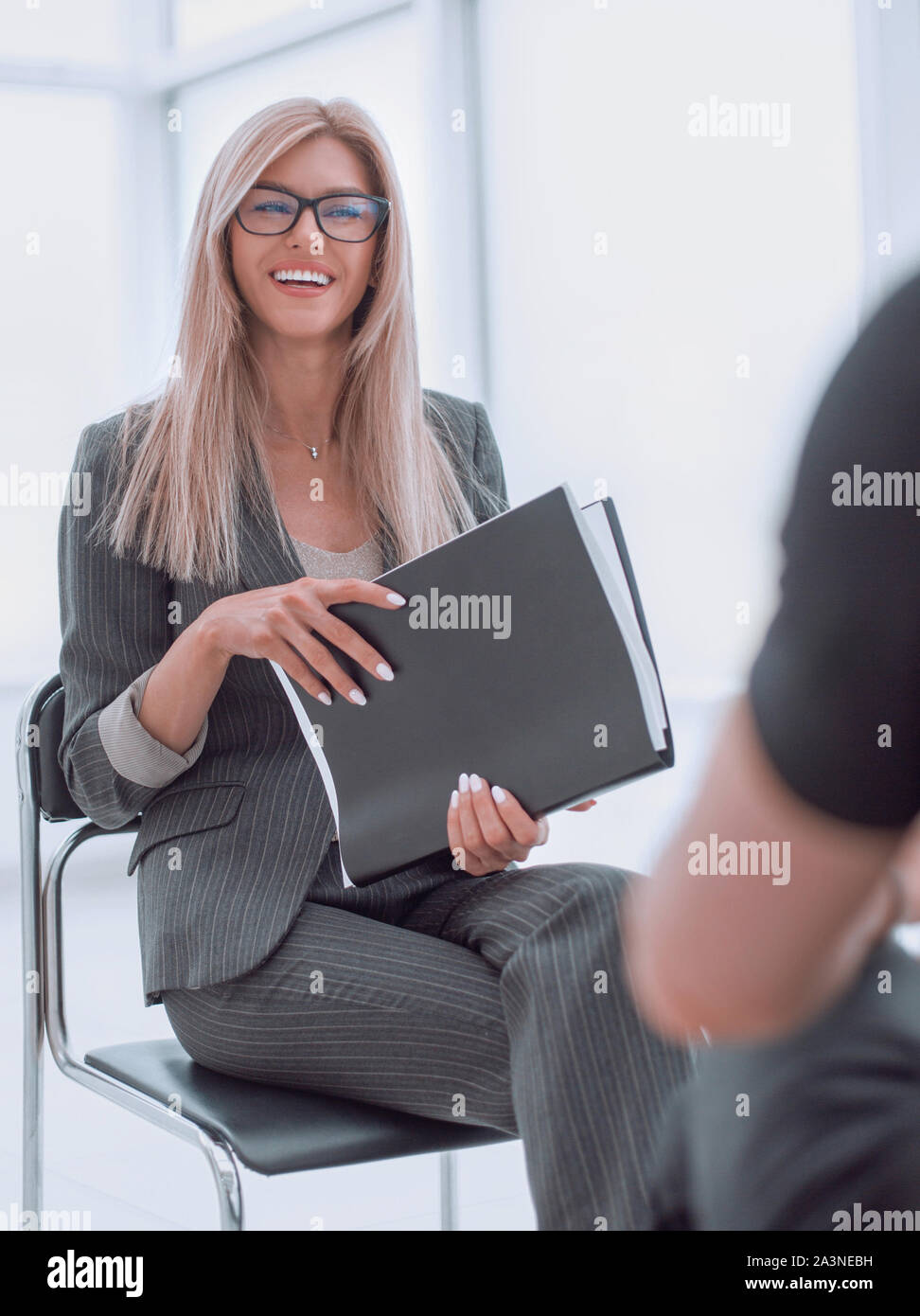 business woman asking questions during interview. photo with copy space ...