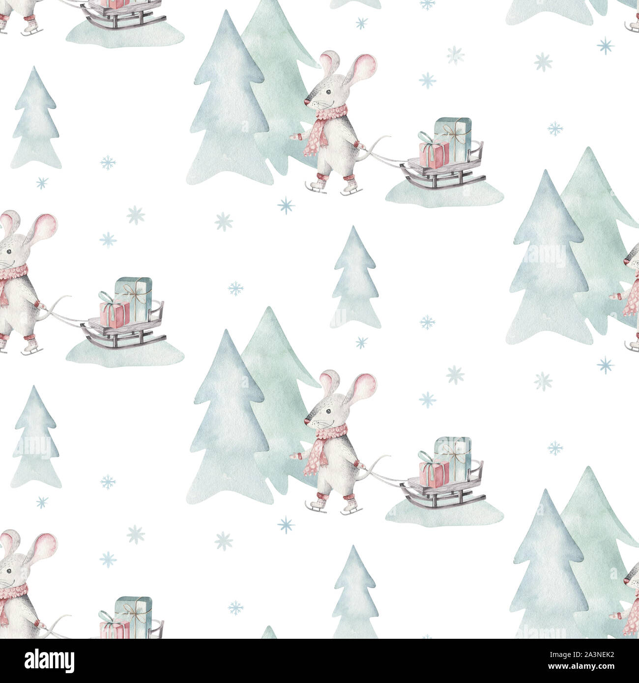 Cute cartoon christmas rat mouse christmas card. Watercolor hand drawn ...