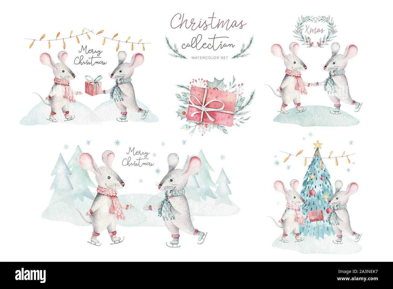 Cute cartoon christmas rat mouse christmas card. Watercolor hand drawn ...