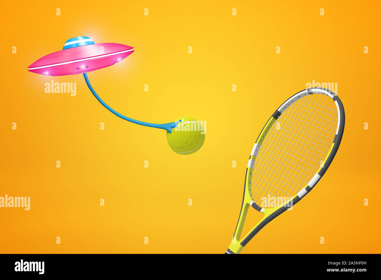 3d rendering of pink UFO carrying tennis ball, flying against amber ...