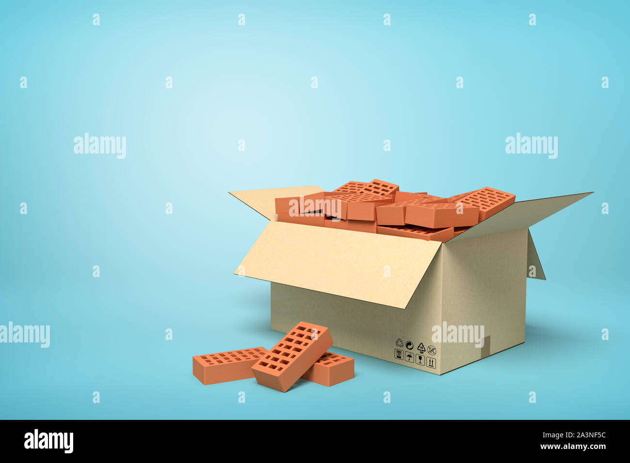 3d rendering of cardboard box full of new brown perforated bricks on ...