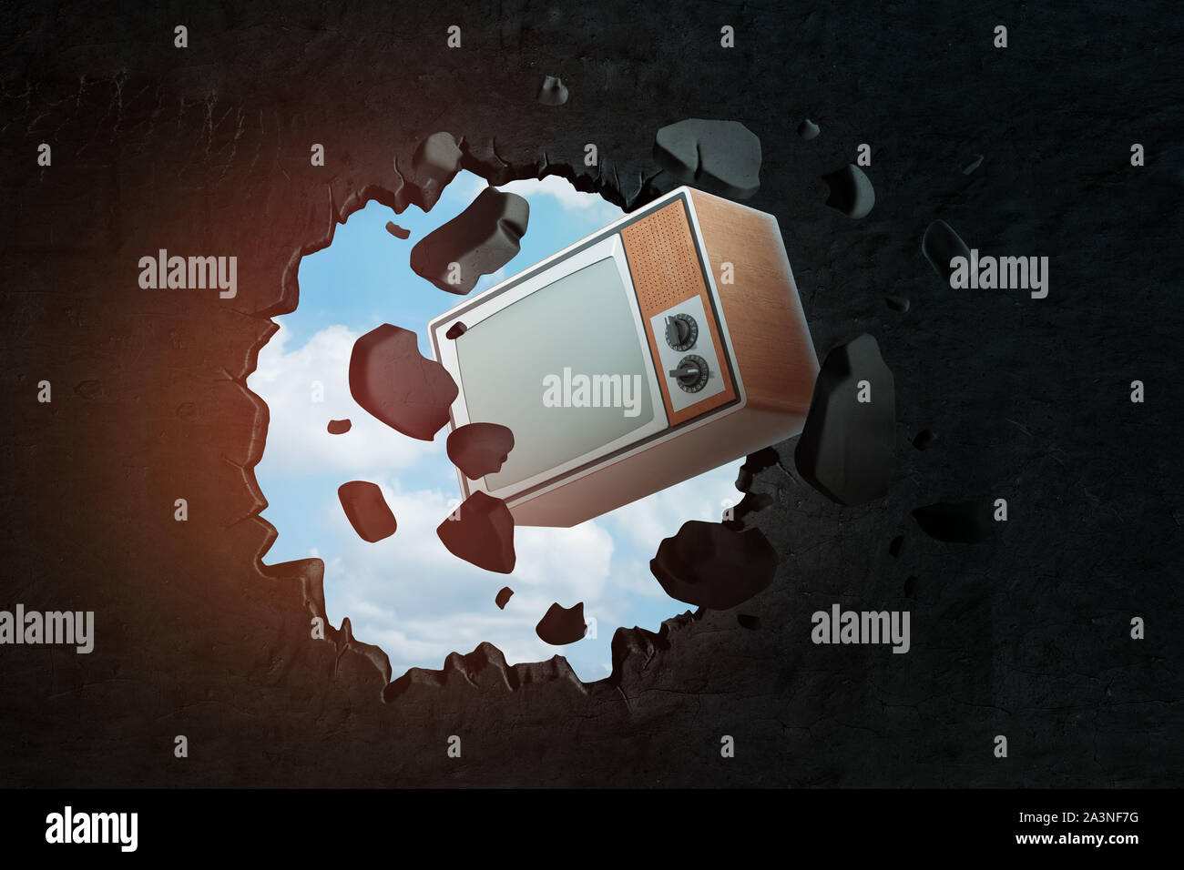 3d rendering of vintage retro TV breaking black wall Stock Photo - Alamy