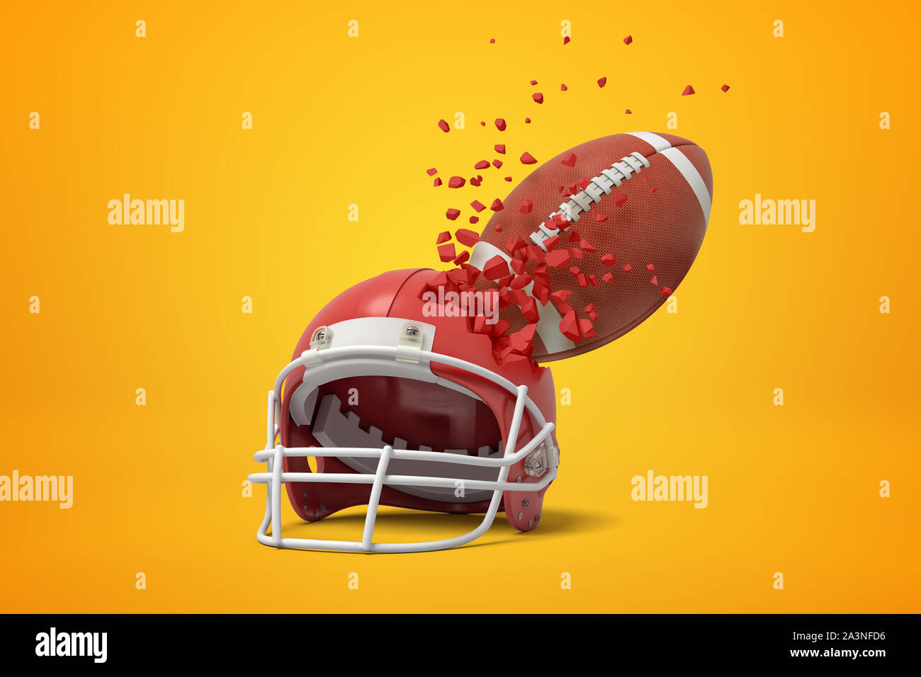 3d rendering of a red american football helmet and ball shattering into ...