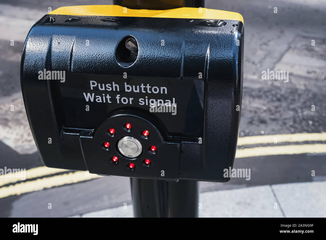 Push button for pedestrian crossing close-up. Modern city crosswalk ...