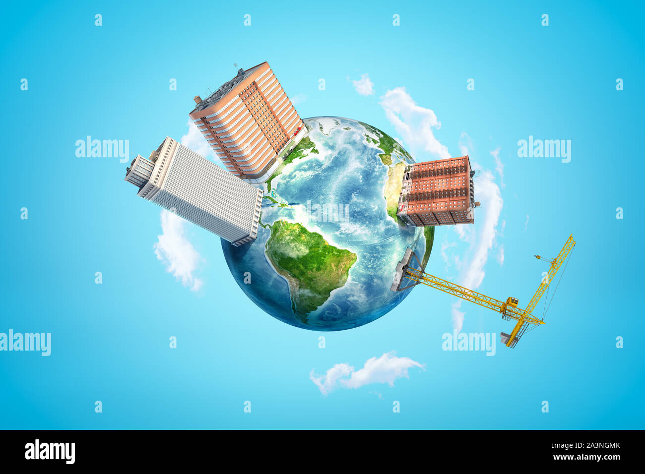 3d rendering of planet Earth in blue sky, with three super-huge blocks ...