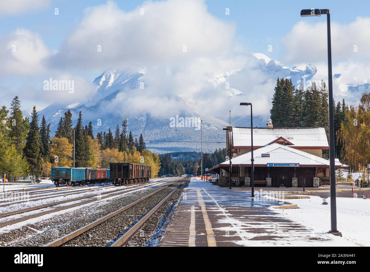 The railway station of Banff Alberta with the first light snowfall of ...