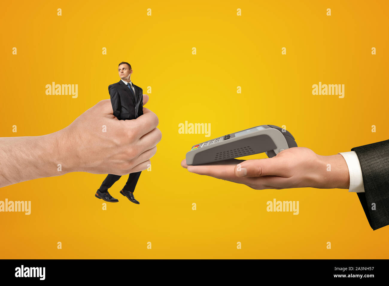 Big male hand passing tiny businessman to another hand with PIN pad on ...