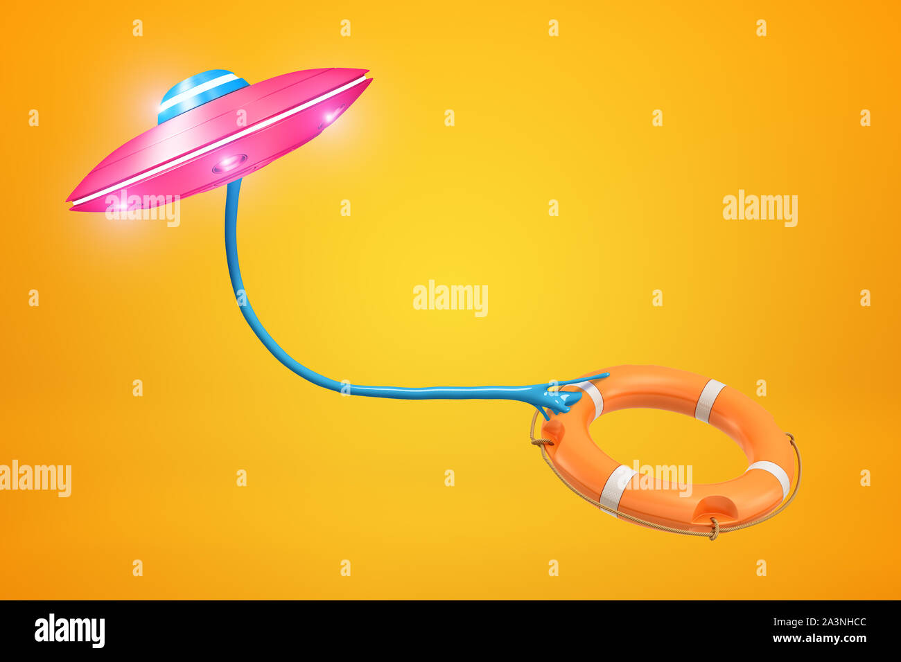 3d rendering of pink UFO throwing orange lifebuoy, flying against amber ...
