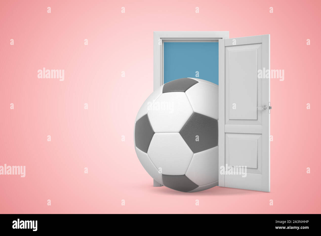 3d rendering of football ball in white open doorway on light pink ...