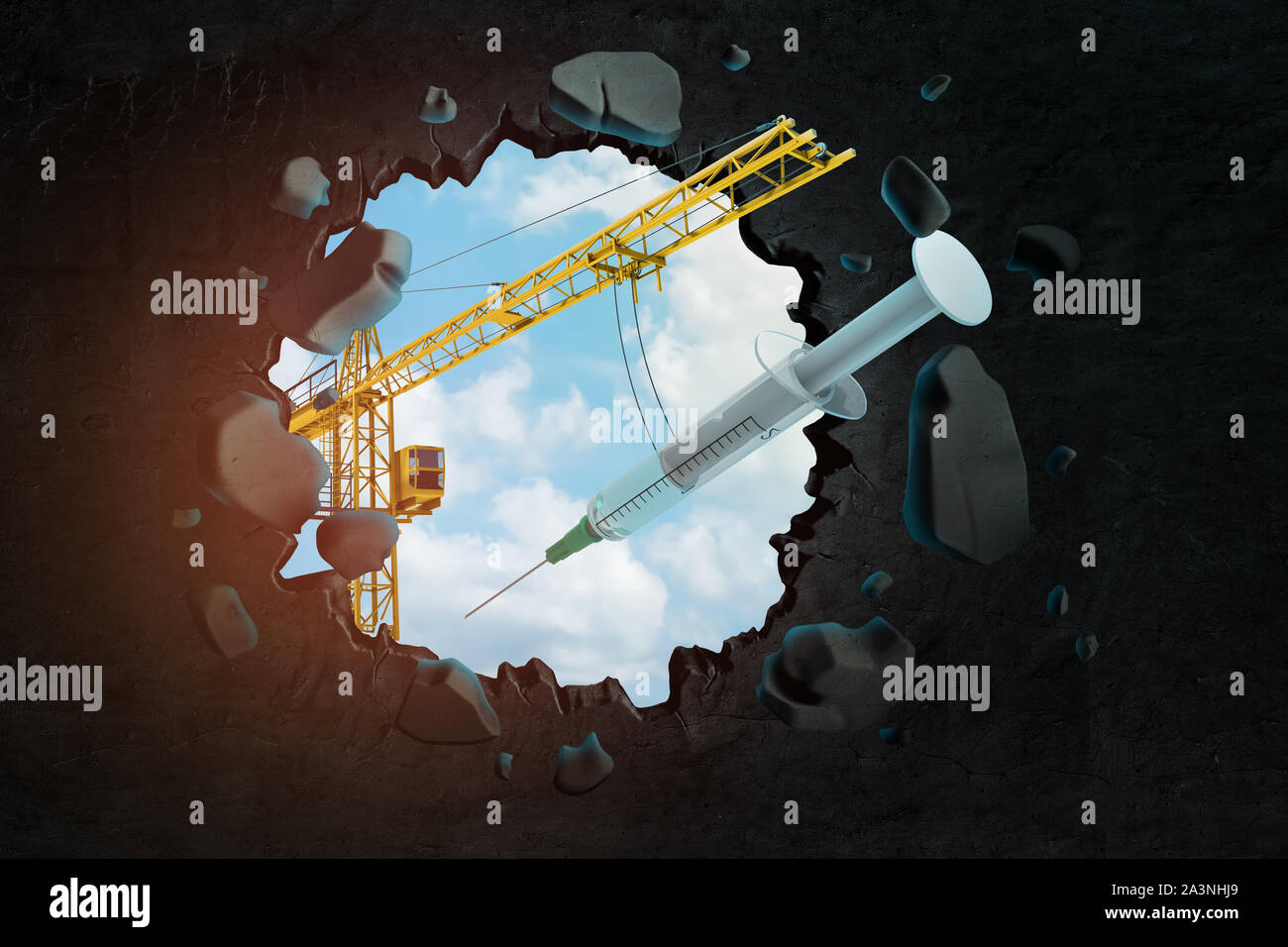 3d rendering of hoisting crane carrying syringe and breaking hole in ...