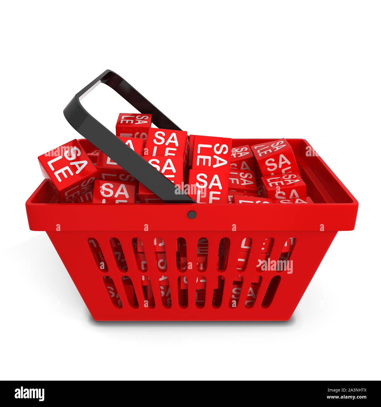 Shopping basket with sale discount boxes. 3d illustration isolated on ...