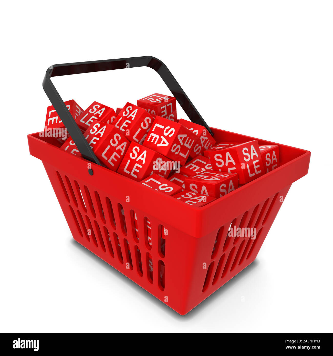 Shopping basket with sale discount boxes. 3d illustration isolated on ...