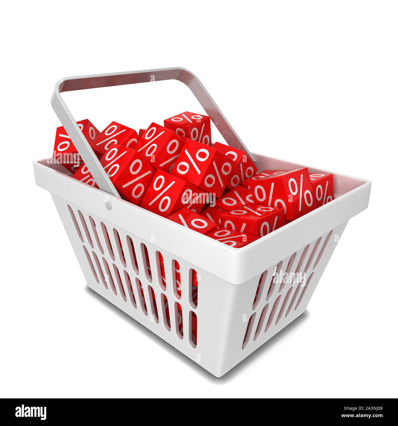 Shopping basket with sale discount boxes. 3d illustration isolated on ...