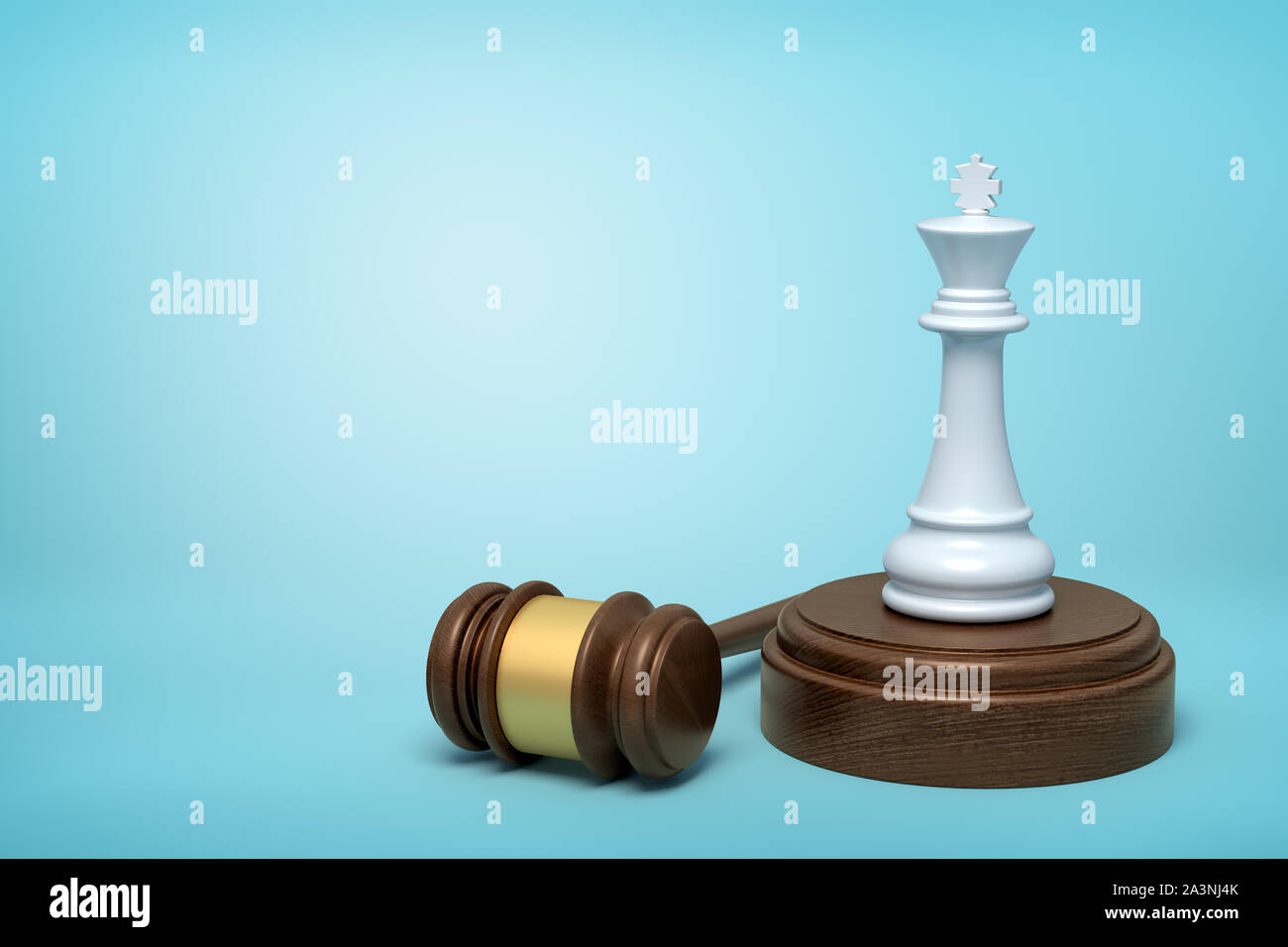 3d rendering of white chess king standing on sounding block with gavel ...