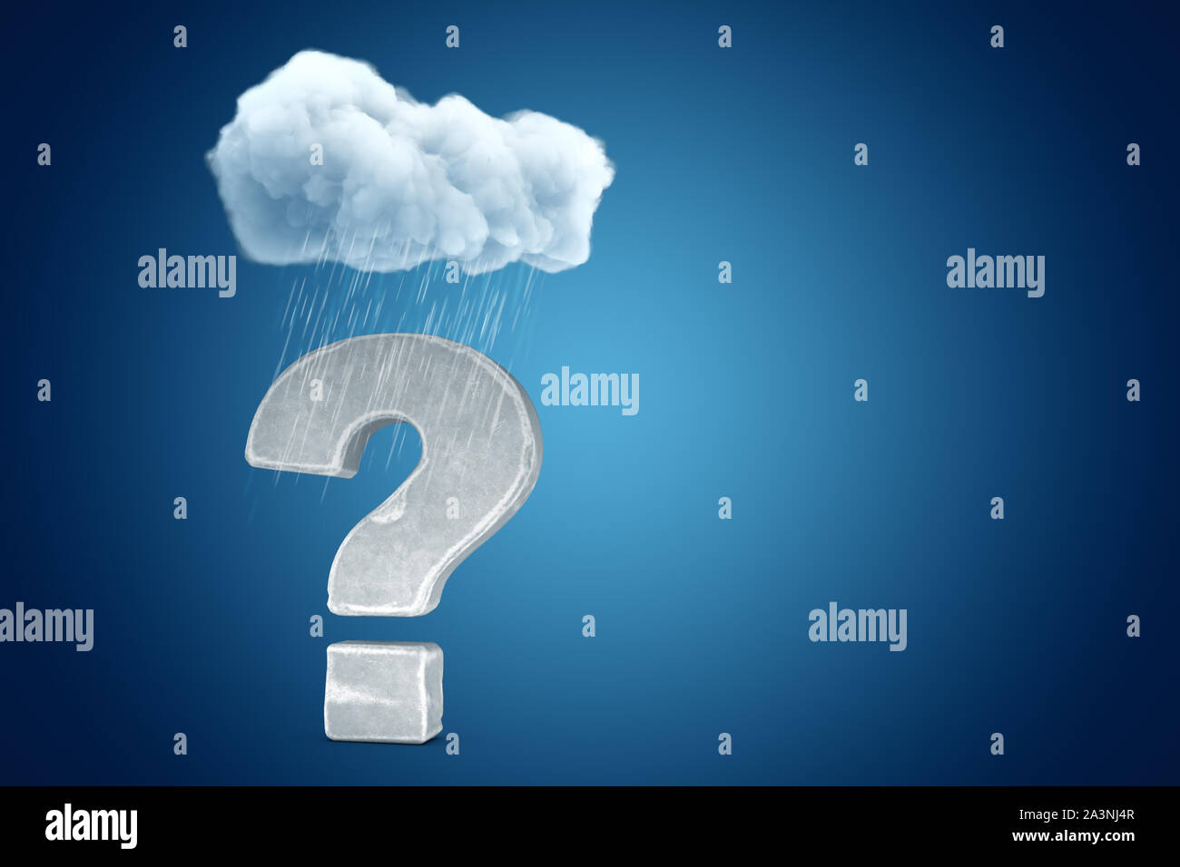 3d rendering of stone question mark under raining cloud on blue ...