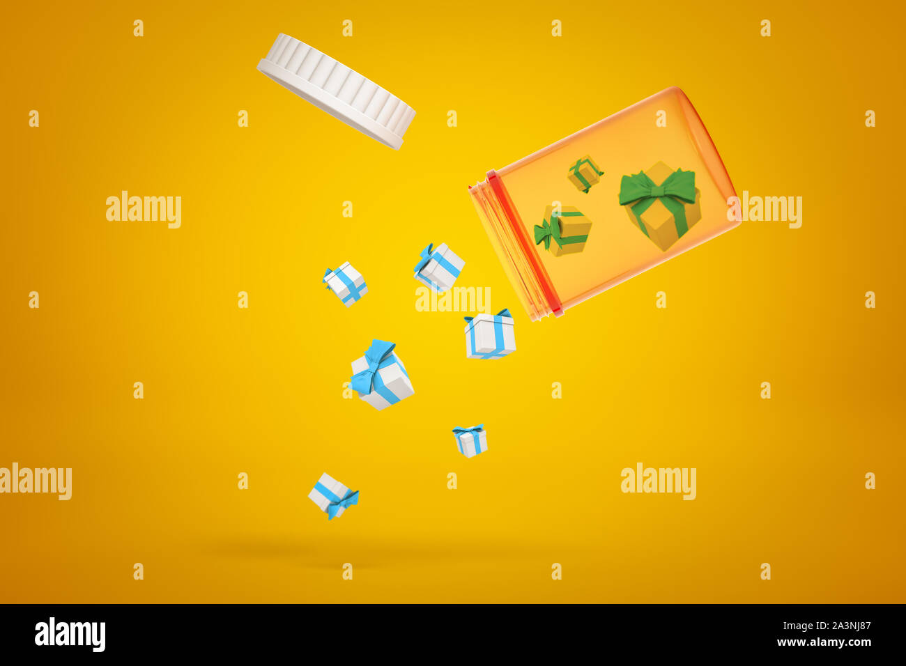 3d rendering of white gift boxes with blue ribbons falling from a ...