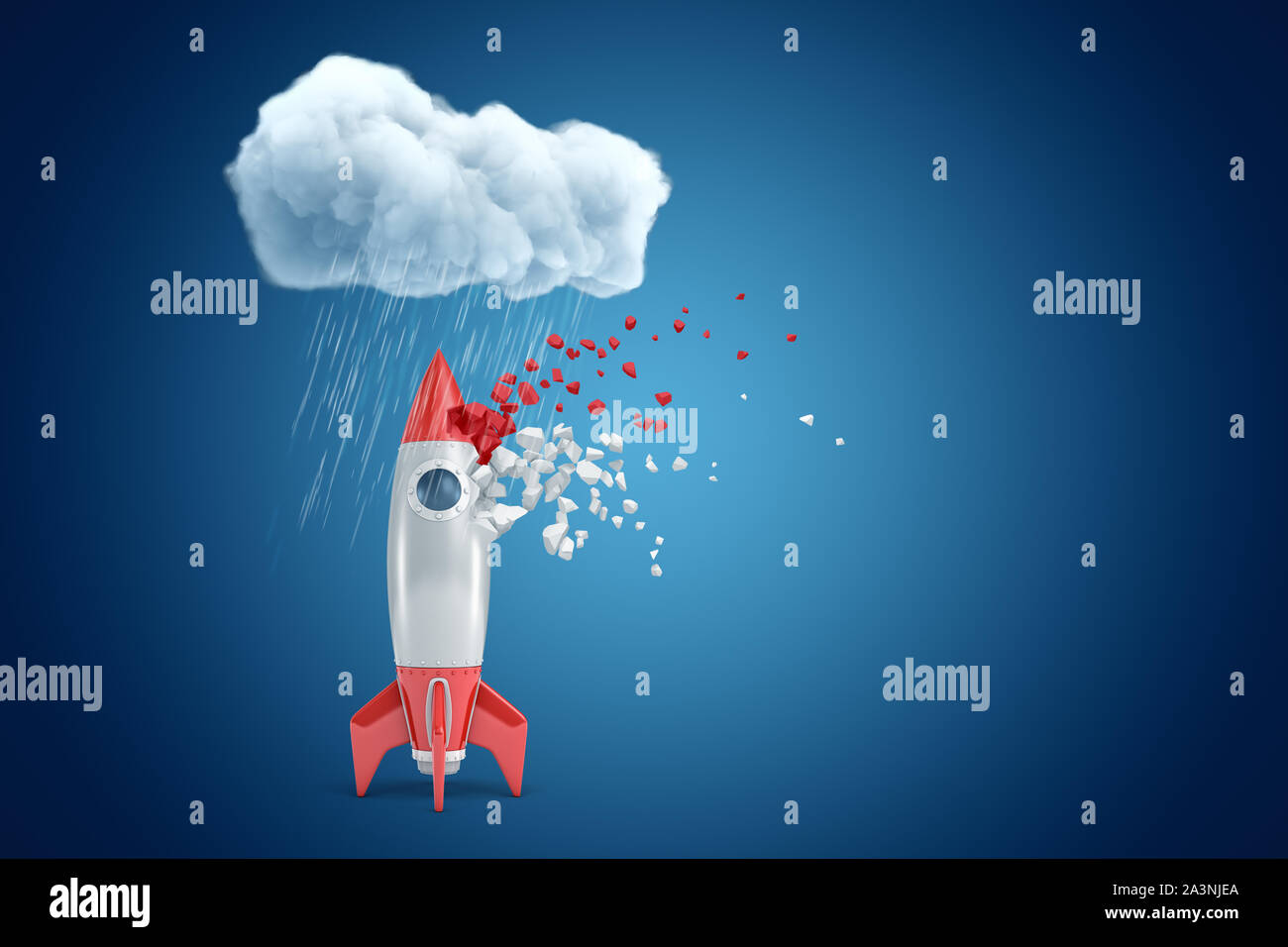 3d rendering of rocket standing under raining cloud and starting to ...