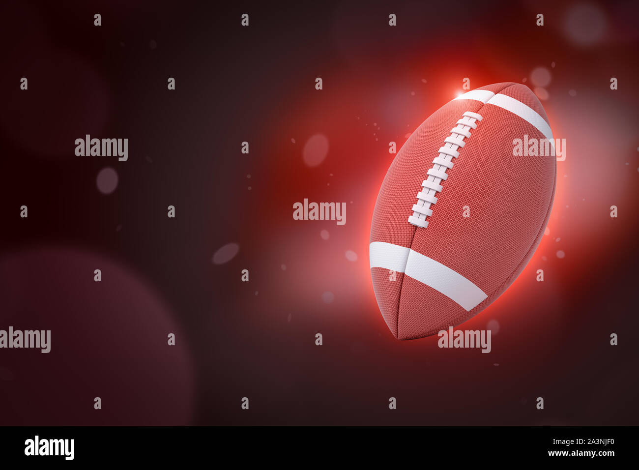 3d rendering of brown and white rugby ball on dark neon background ...