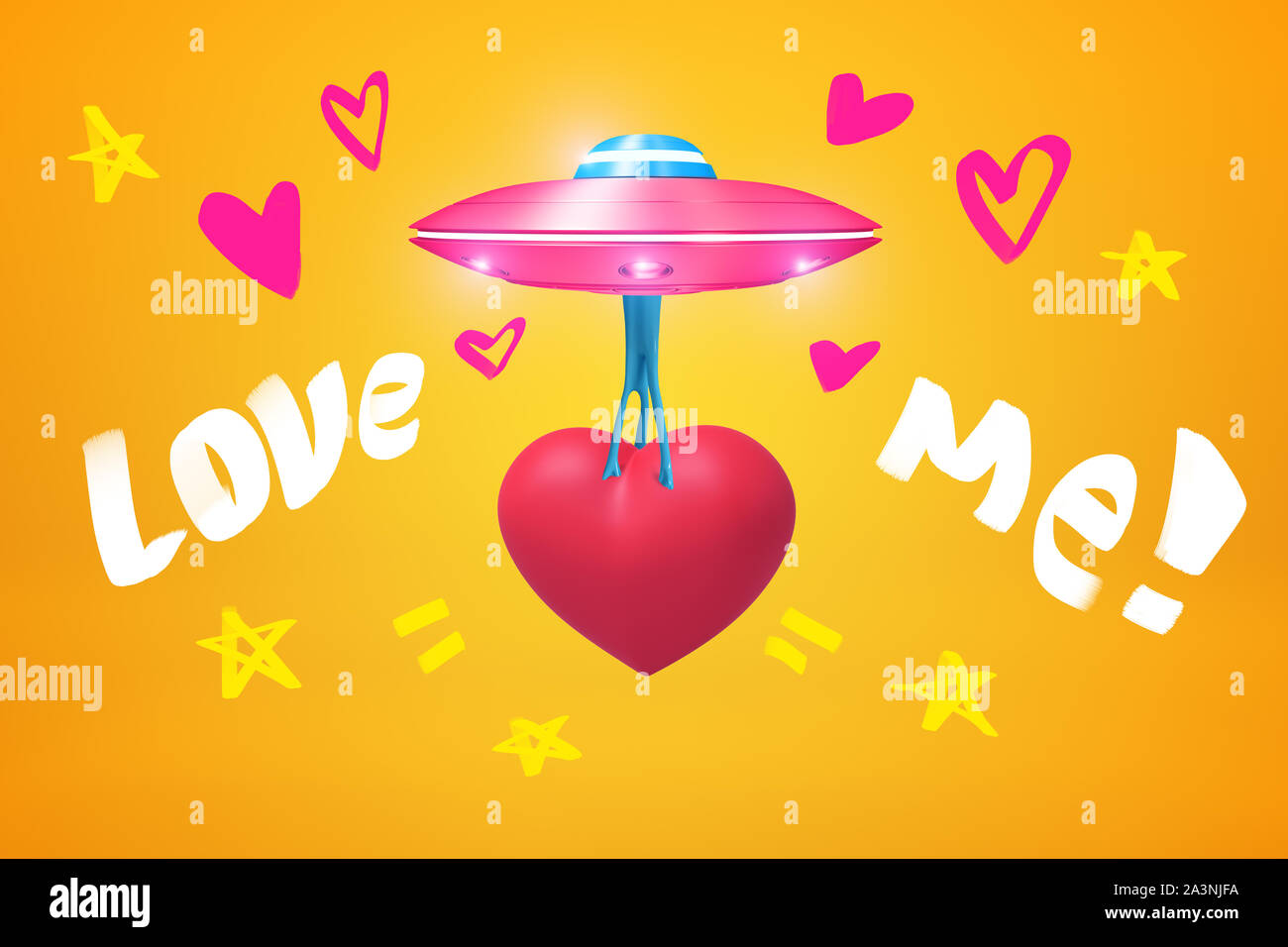3d rendering of pink UFO carrying beautiful red heart and flying ...