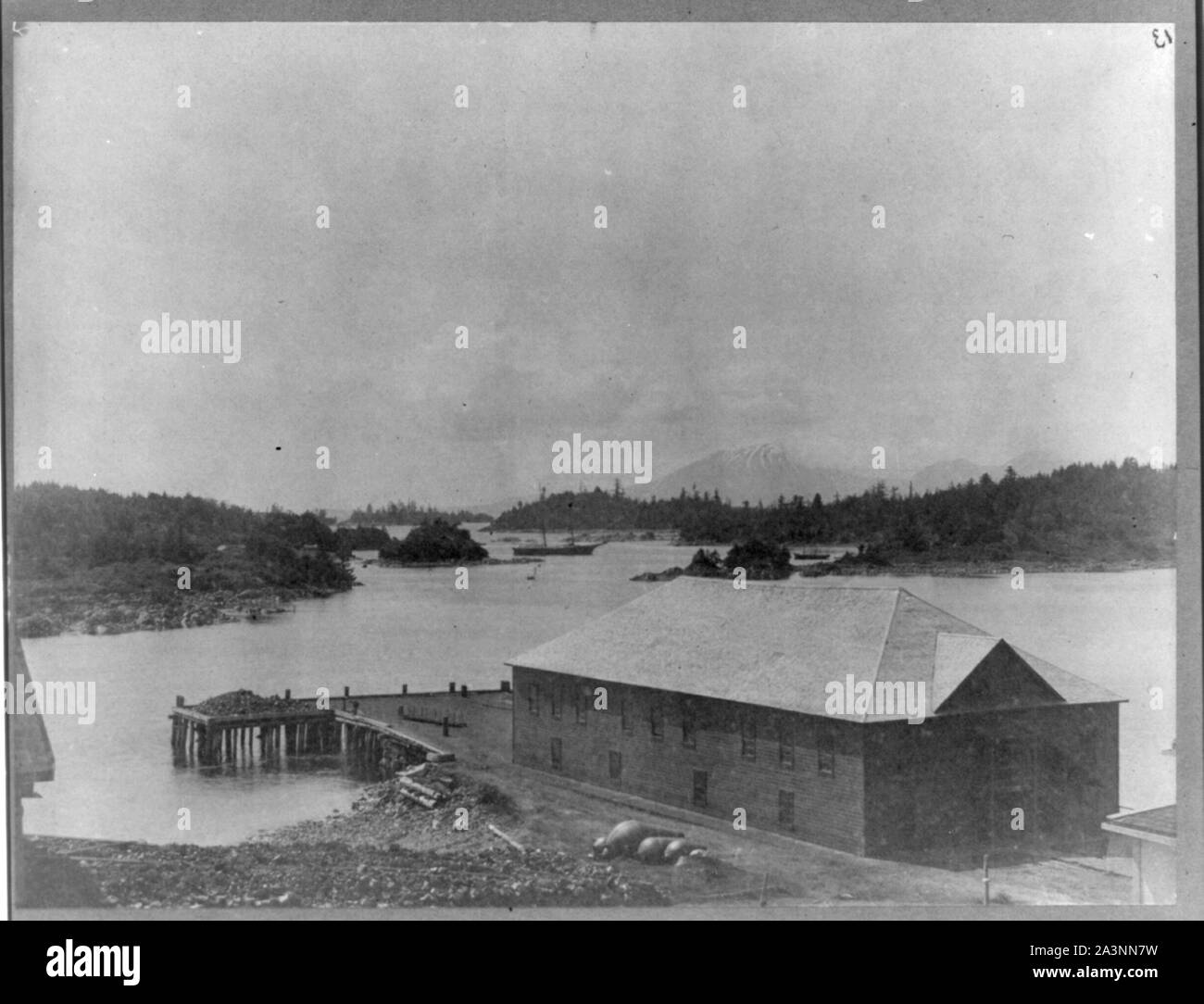 Sitka, Alaska- Looking across dock and warehouse toward Mt Edgecombe ...