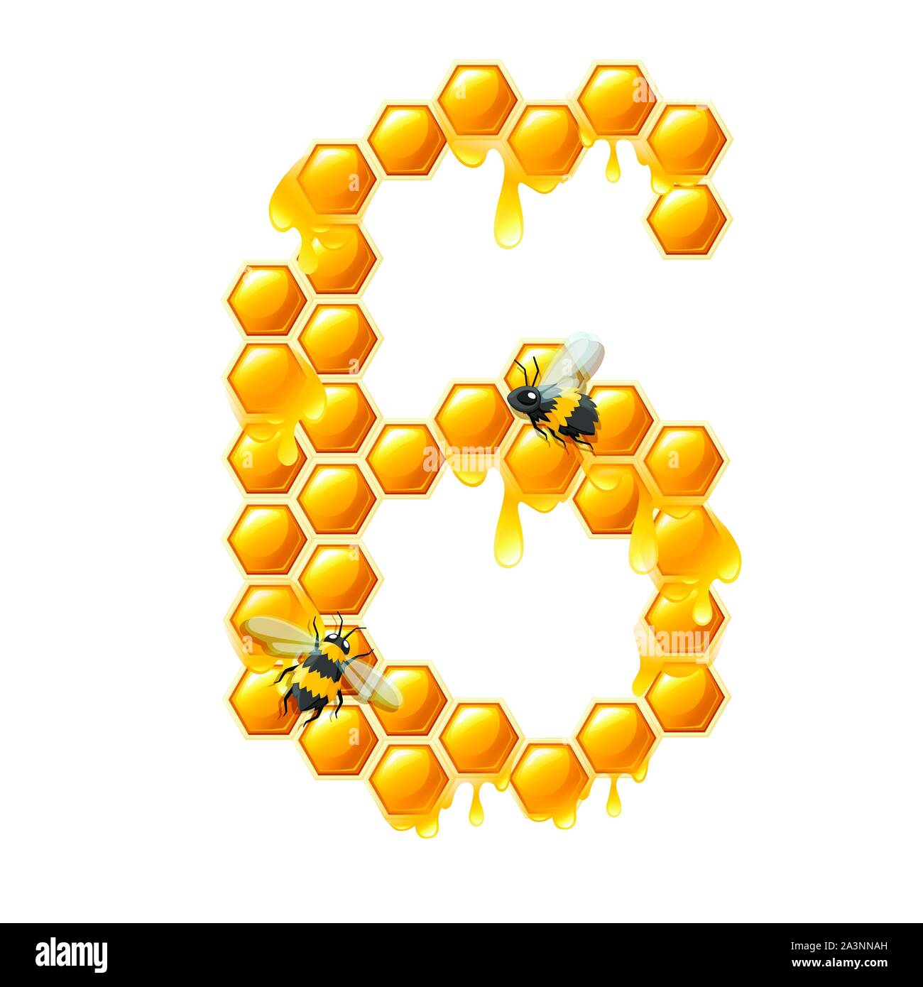 Honeycomb number 6 with honey drops and bee cartoon style food design ...