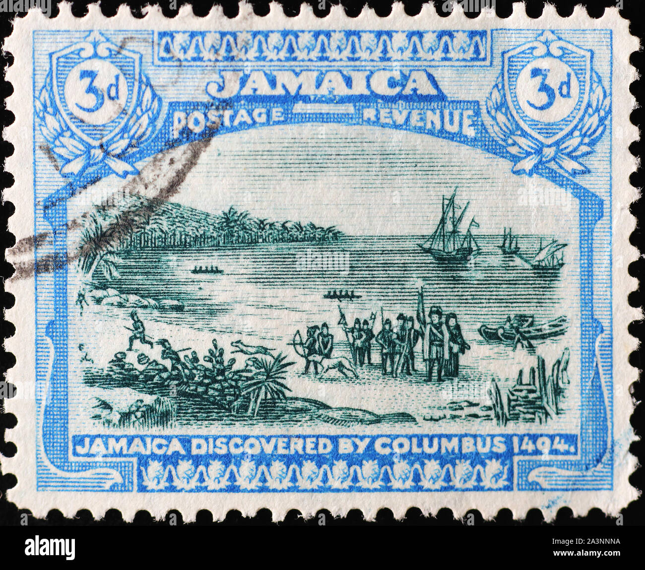 Landing of Christopher Columbus on vintage jamaican postage stamp Stock ...