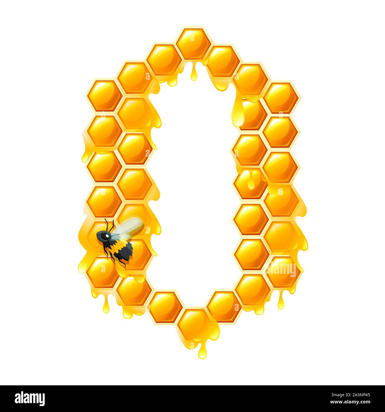 Honeycomb number 0 with honey drops and bee cartoon style food design ...