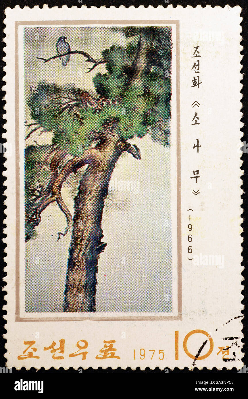 Old tree and bird on japanese postage stamp Stock Photo - Alamy