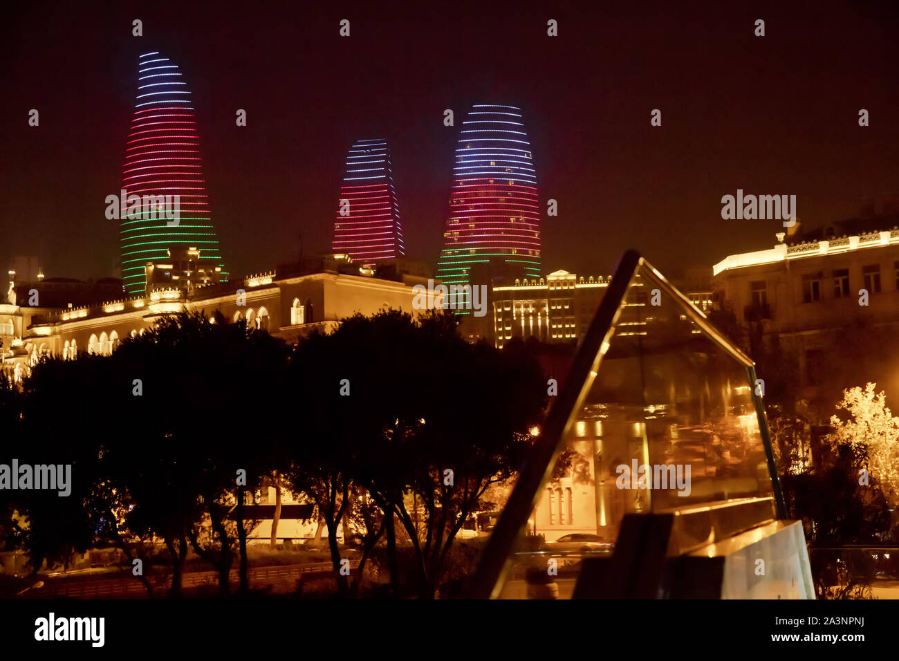 Night view of Baku with skyscrapers of the Flame Towers . It is the ...
