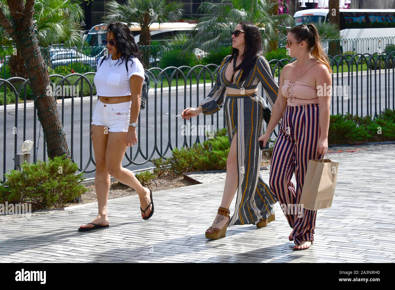 Beautiful girls enjoying the cozy atmosphere of the Las Vegas Strip, in front of the luxurious ...
