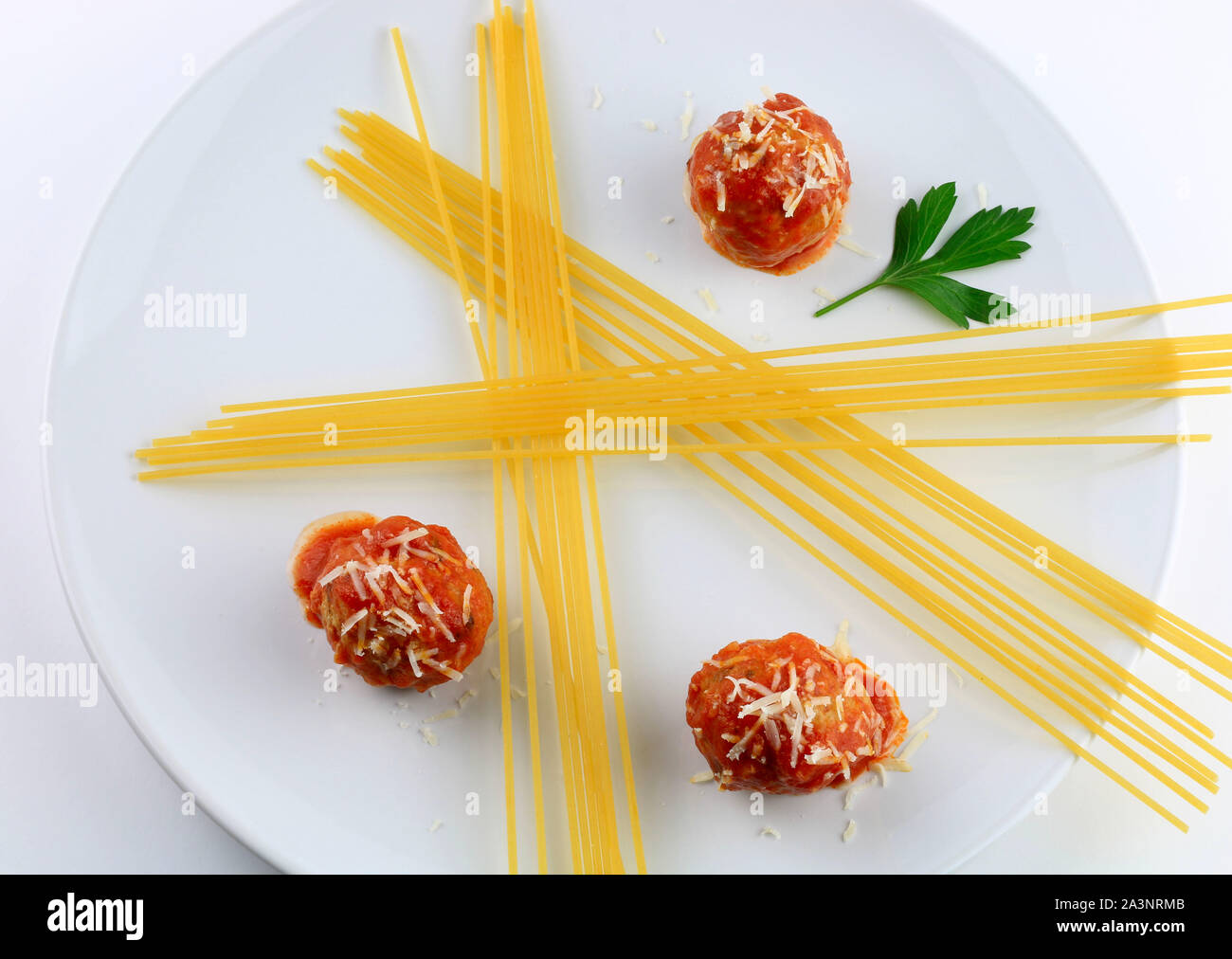 Italian cuisine. Plate with spaghetti pasta with meatballs, tomato ...