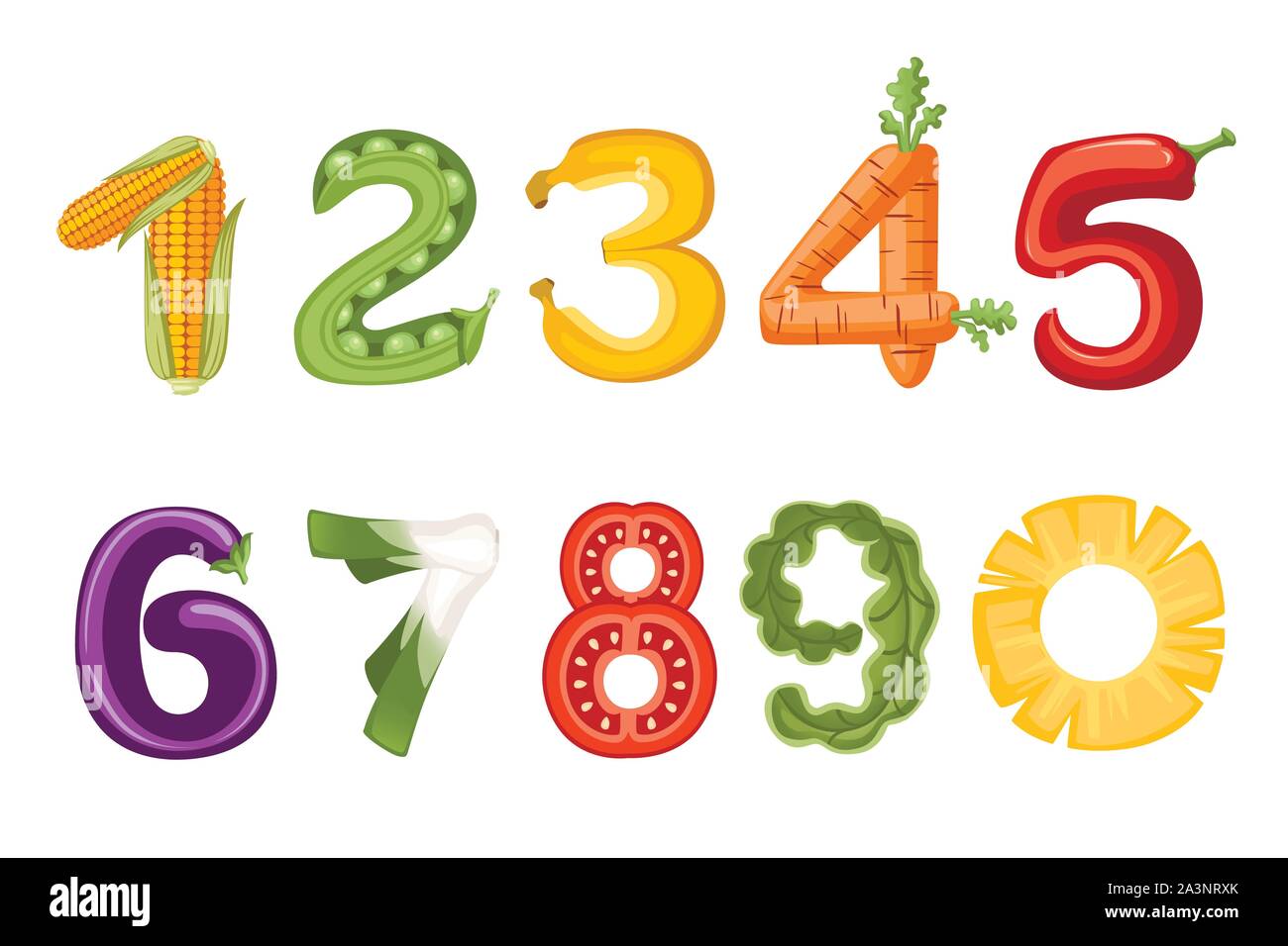 Set of numbers vegetables and fruit style food cartoon design flat ...