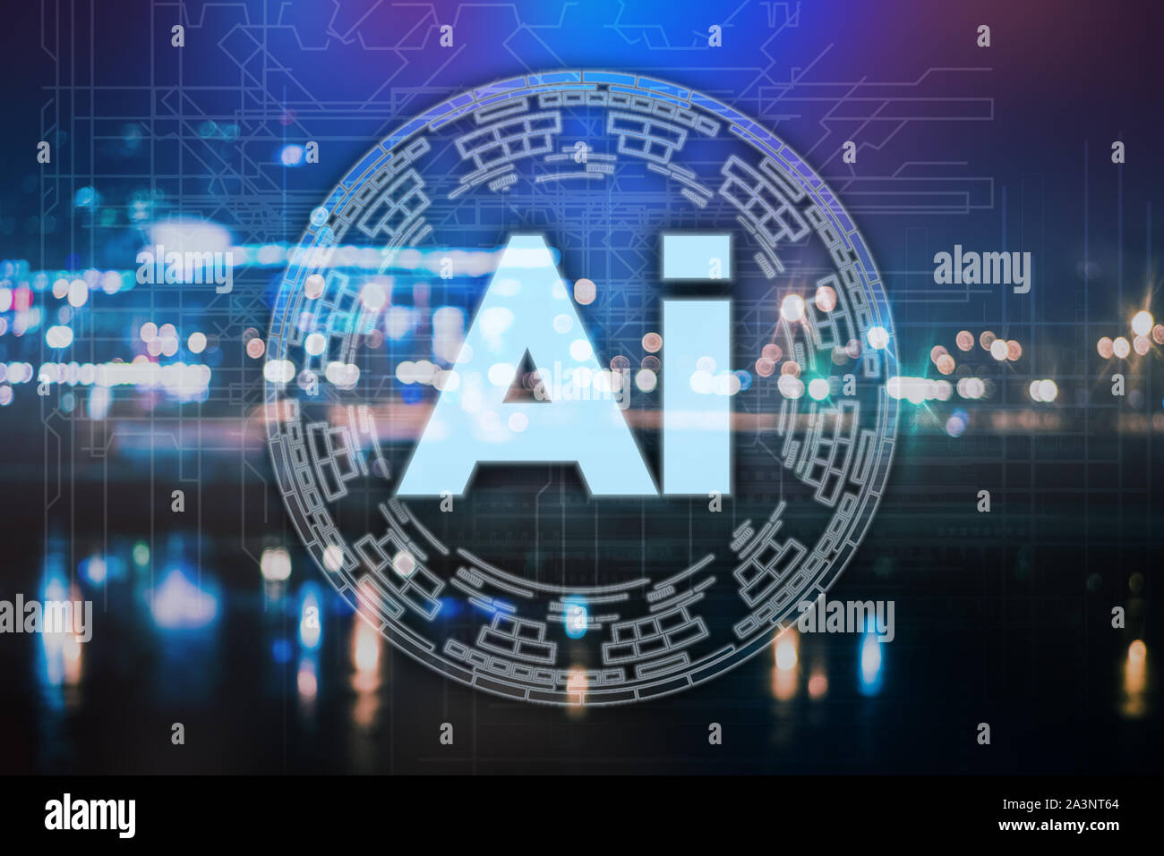 Abstract artificial intelligence word text icon, with network global ...