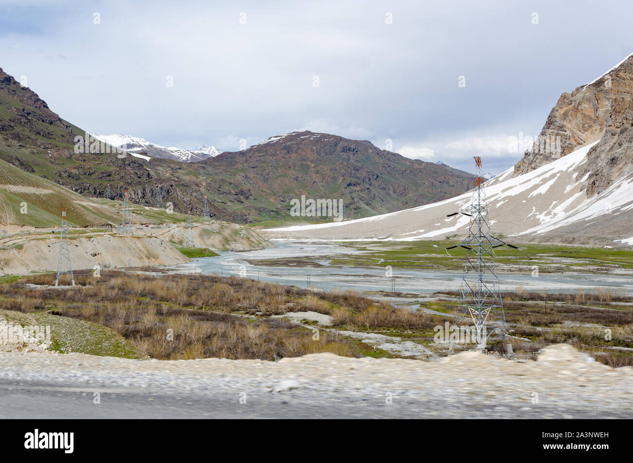 River Dras flowing through beautiful mountainous landscape beside ...