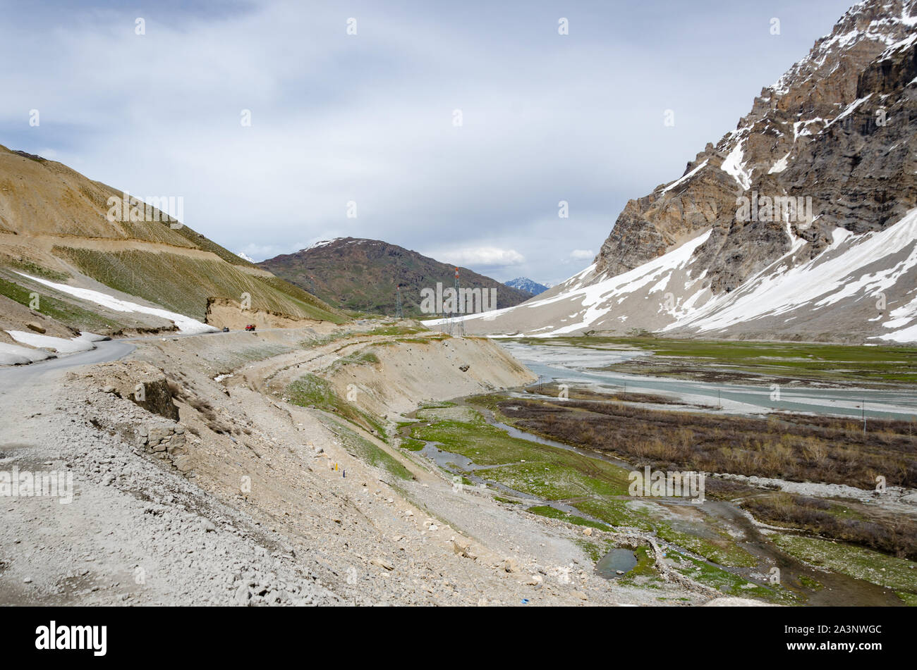 River Dras flowing through beautiful mountainous landscape beside ...