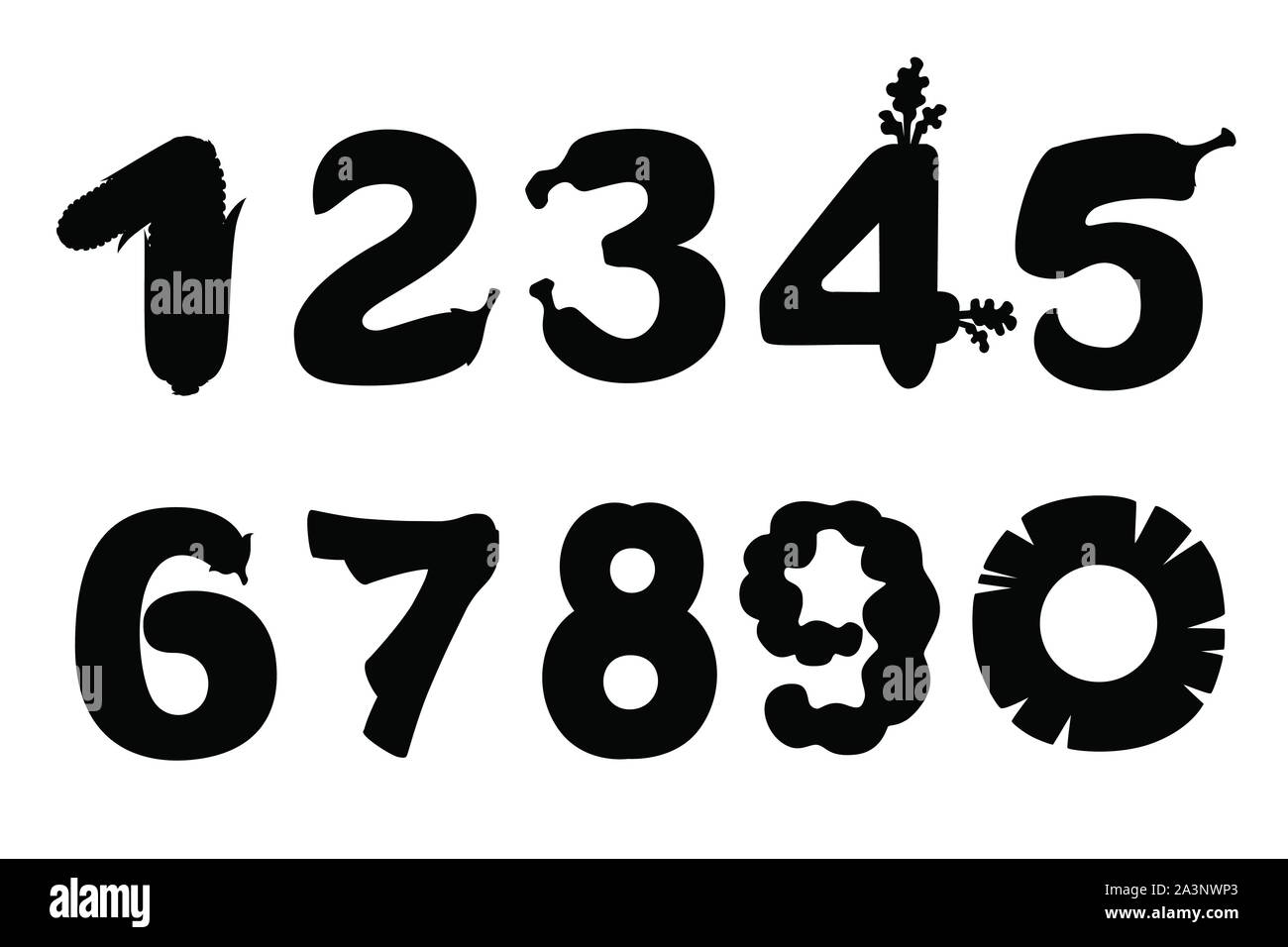 Black silhouette set of numbers style food cartoon design flat vector ...