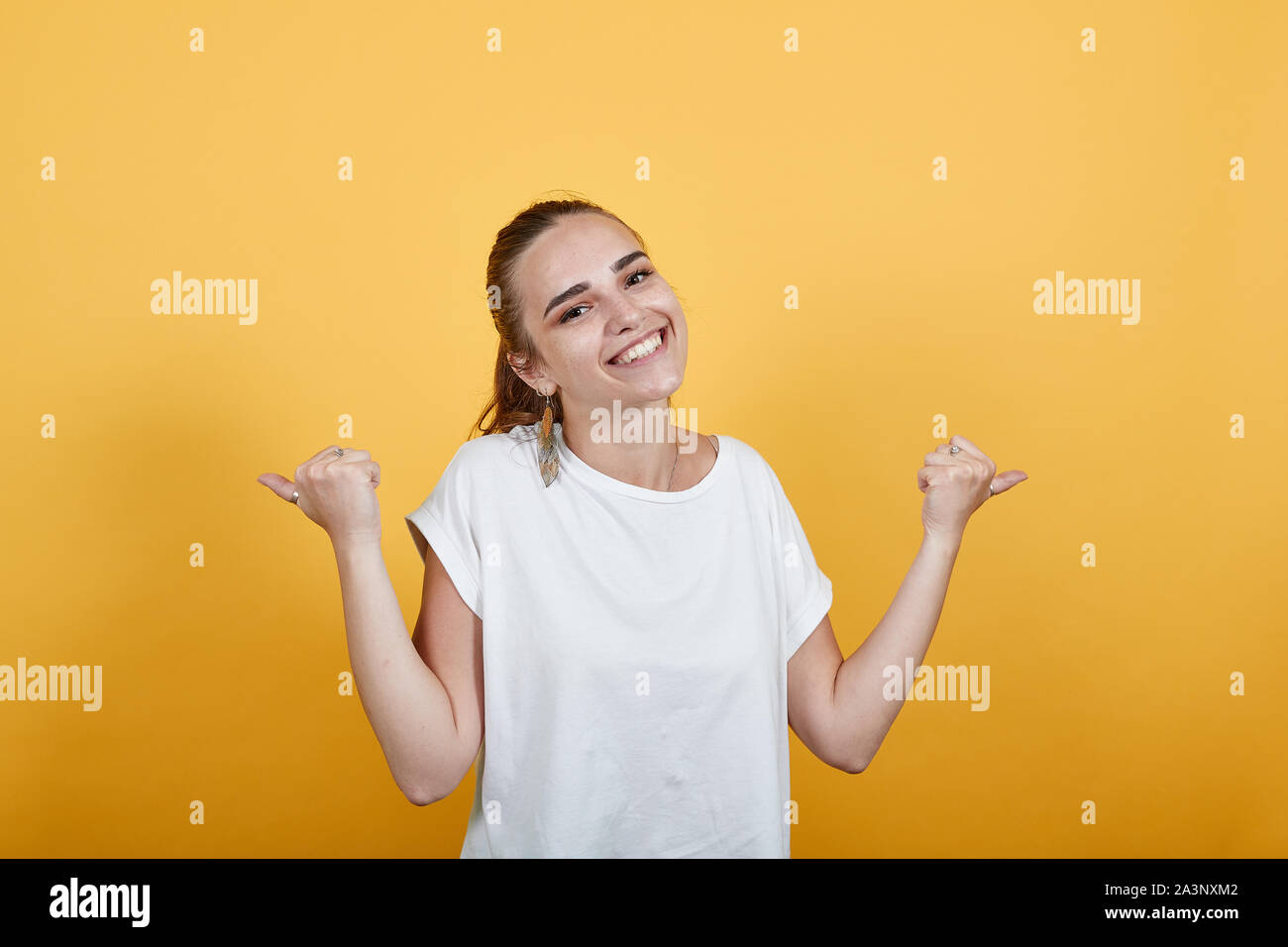 Decent girl casually expressing feelings of delightfulness, gratitude ...