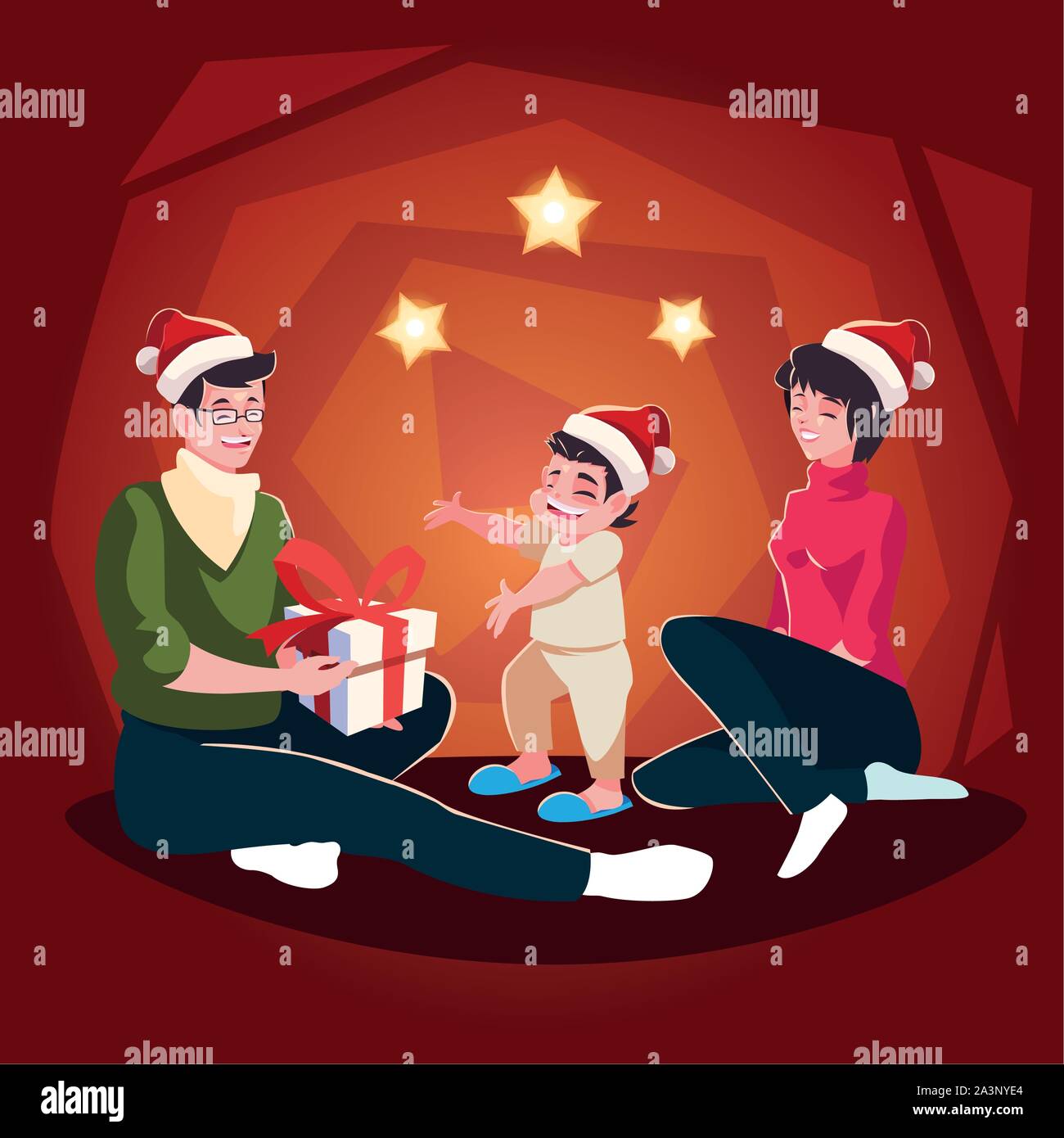 family christmas evening scene, parents and children vector ...