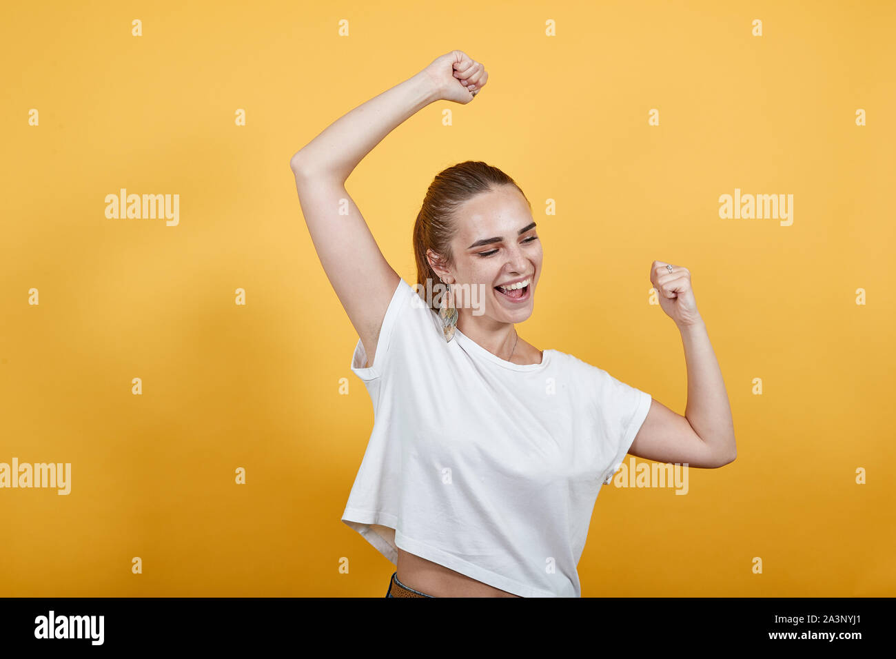 Elegant girl being expressive about her feelings and showing gratitude ...