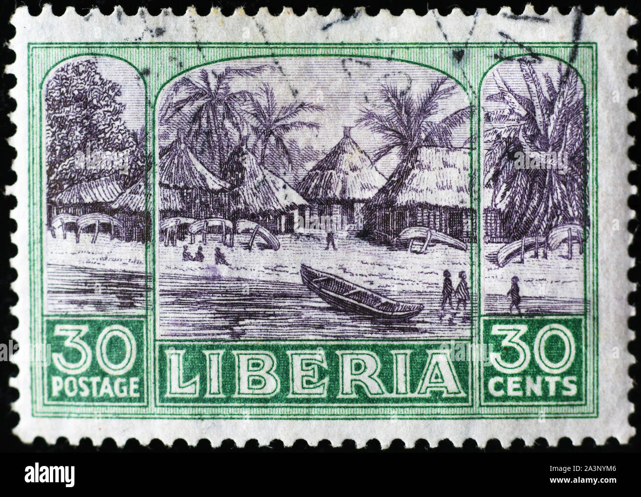 Small village on ancient stamp of LIberia Stock Photo - Alamy