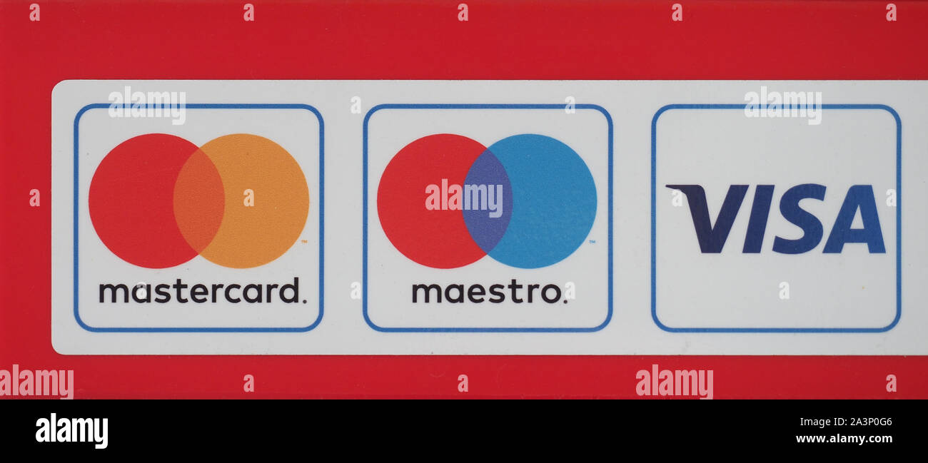 KOELN, GERMANY - CIRCA AUGUST 2019: Mastercard, Maestro, Visa signs ...